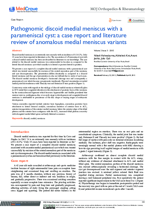 (PDF) Pathognomic Discoid Medial Meniscus with a Parameniscal Cyst: A ...