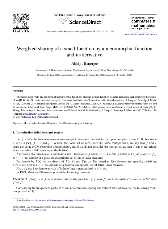 (PDF) Weighted sharing of a small function by a meromorphic function and its derivative
