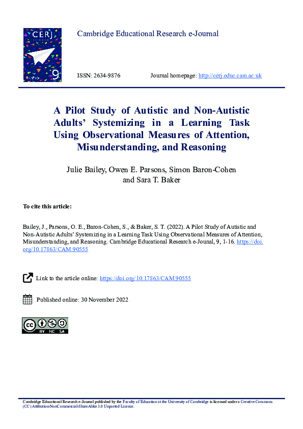 (PDF) A Pilot Study of Autistic and Non-Autistic Adults' Systemizing in ...