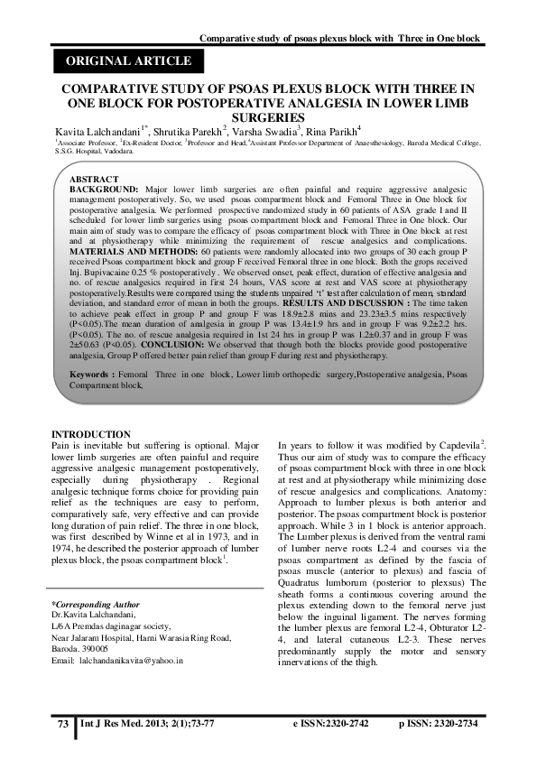 (PDF) Comparative Study of Psoas Plexus Block with Three in One Block ...