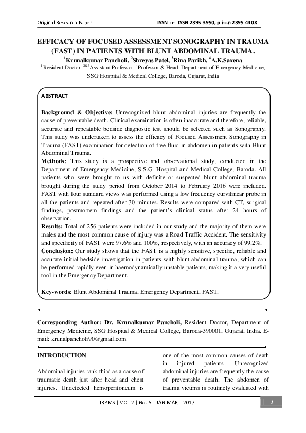(PDF) Efficacy of Focused Assessment Sonography in Trauma (Fast) in ...