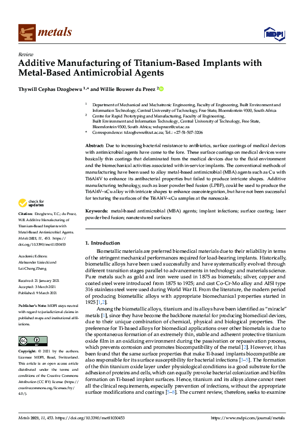 (PDF) Additive Manufacturing of Titanium-Based Implants with Metal-Based Antimicrobial Agents