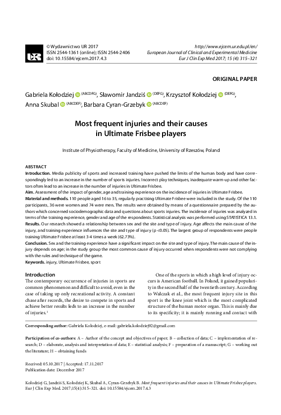 (PDF) Most frequent injuries and their causes in Ultimate Frisbee players