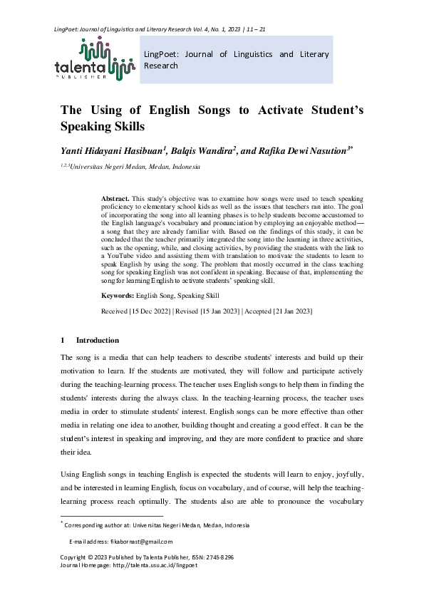 (PDF) The Using of English Songs to Activate Student's Speaking English ...
