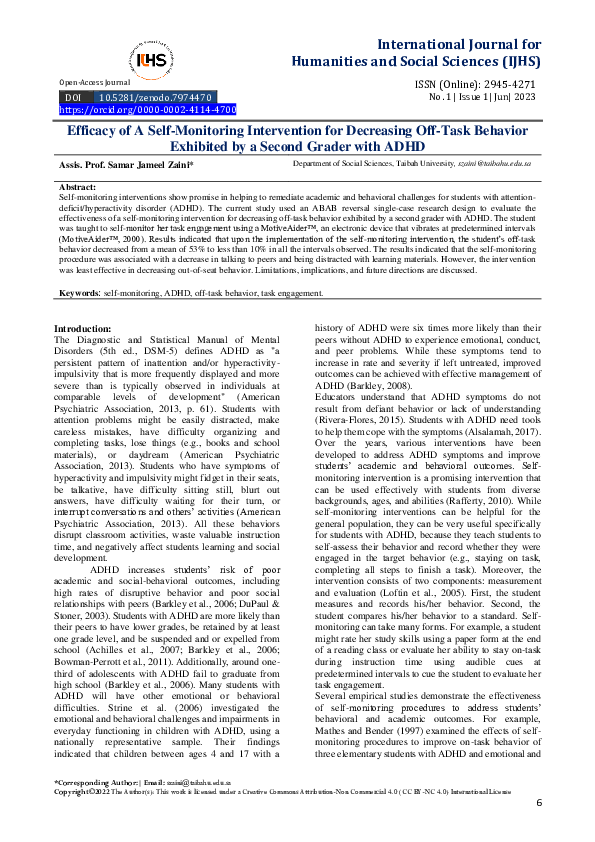 (PDF) Efficacy of A Self-Monitoring Intervention for Decreasing Off ...