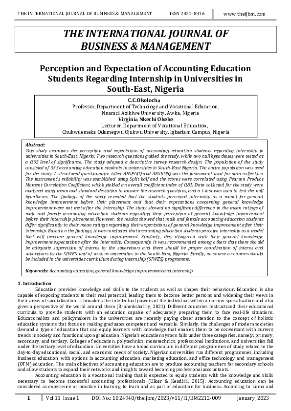 (PDF) THE INTERNATIONAL JOURNAL OF BUSINESS & MANAGEMENT Perception and ...