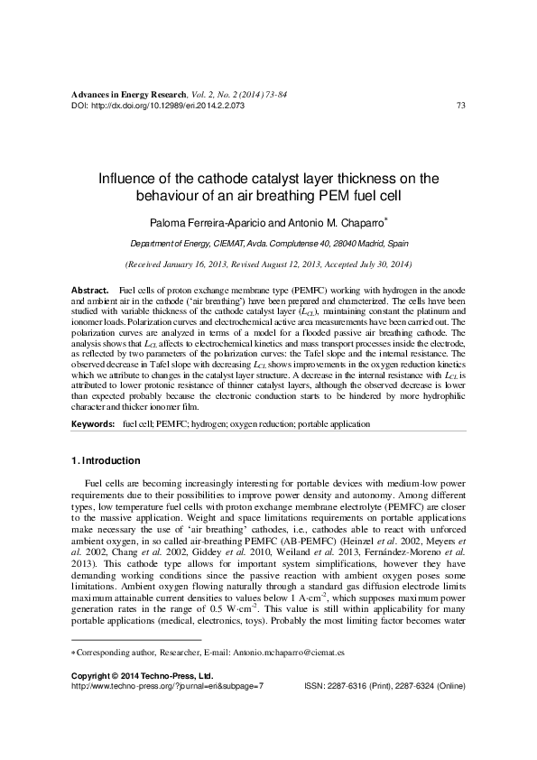 Pdf Influence Of The Cathode Catalyst Layer Thickness On The Behaviour Of An Air Breathing Pem