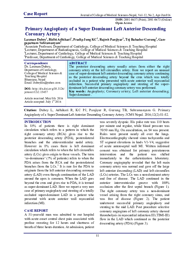 (PDF) Primary Angioplasty of a Super Dominant Left Anterior Descending ...