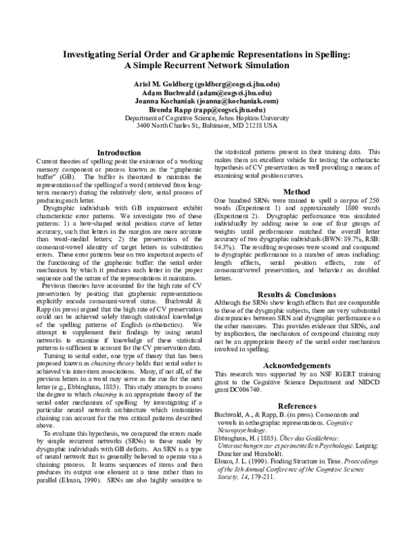 (PDF) Investigating Serial Order and Graphemic Representations in ...