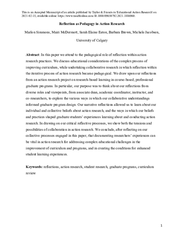 (PDF) Reflection as pedagogy in action research