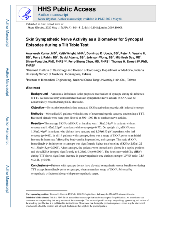 (PDF) Skin sympathetic nerve activity as a biomarker for syncopal ...