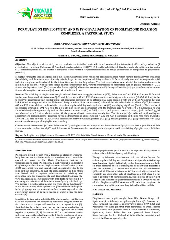 (PDF) FORMULATION DEVELOPMENT AND IN VIVO EVALUATION OF PIOGLITAZONE INCLUSION COMPLEXES: A ...