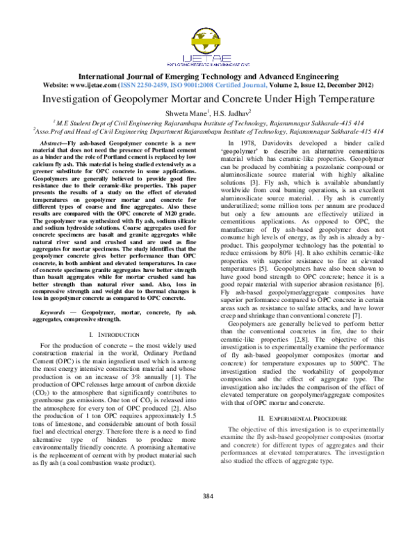 Pdf Investigation Of Geopolymer Mortar And Concrete Under High Temperature
