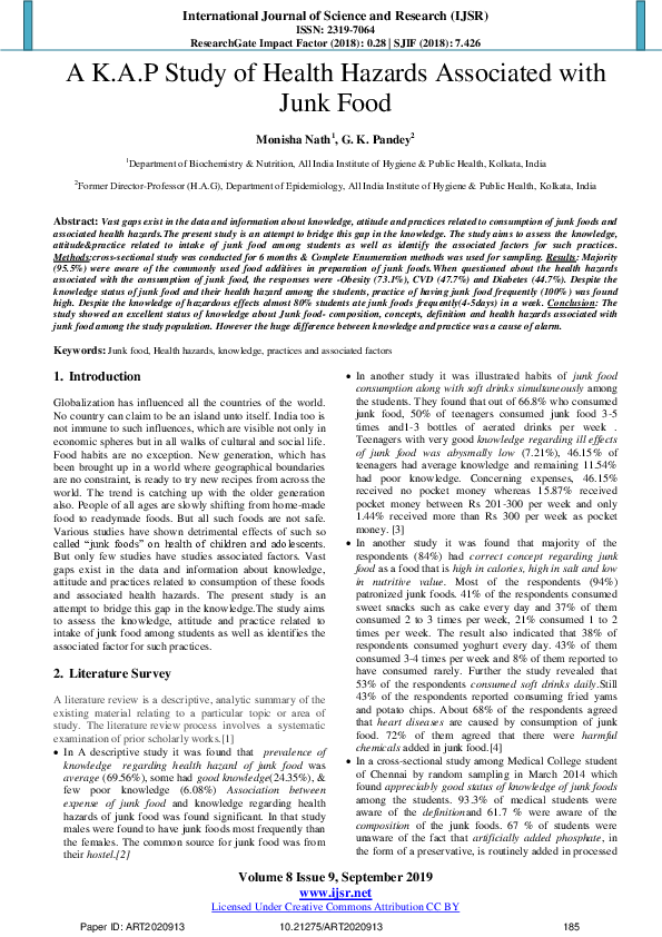 (PDF) A K.A.P Study of Health Hazards Associated with Junk Food