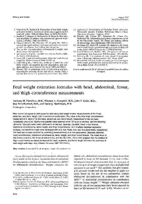 (PDF) Fetal weight estimation formulas with head, abdominal, femur, and ...