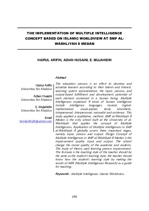 (PDF) The Implementation of Multiple Intelligence Concept Based on Islamic Worldview at SMP Al ...