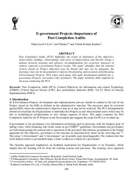 (PDF) E-government Projects Importance of Post Completion Audits
