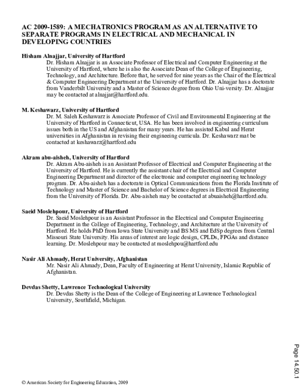 (PDF) Ac 2009-1589: A Mechatronics Program as an Alternative to Separate Programs in Electrical ...