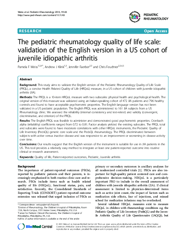 (PDF) The pediatric rheumatology quality of life scale: validation of ...