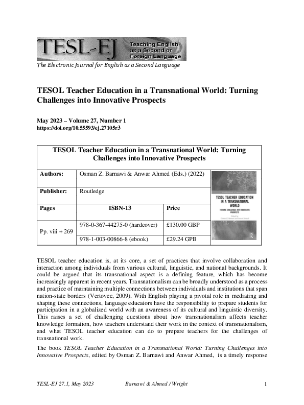 (PDF) Book review: TESOL Teacher Education in a Transnational World ...