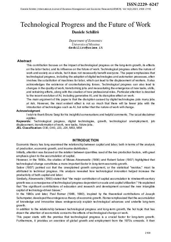 (PDF) Technological Progress and the Future of Work