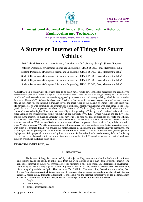 (PDF) A Survey on Internet of Things for SmartVehicles