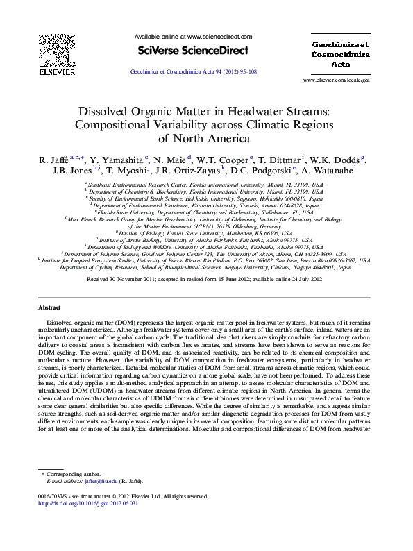 (PDF) Dissolved Organic Matter in Headwater Streams: Compositional Variability across Climatic ...