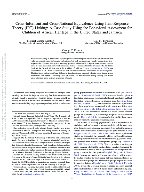 (PDF) Cross-Informant and Cross-National Equivalence Using Item-Response Theory (IRT) Linking: A ...