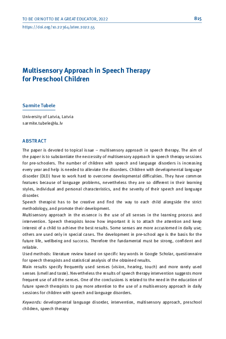 (PDF) Multisensory Approach in Speech Therapy for Preschool Children