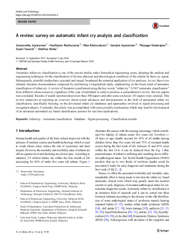 Pdf A Review Survey On Automatic Infant Cry Analysis And Classification