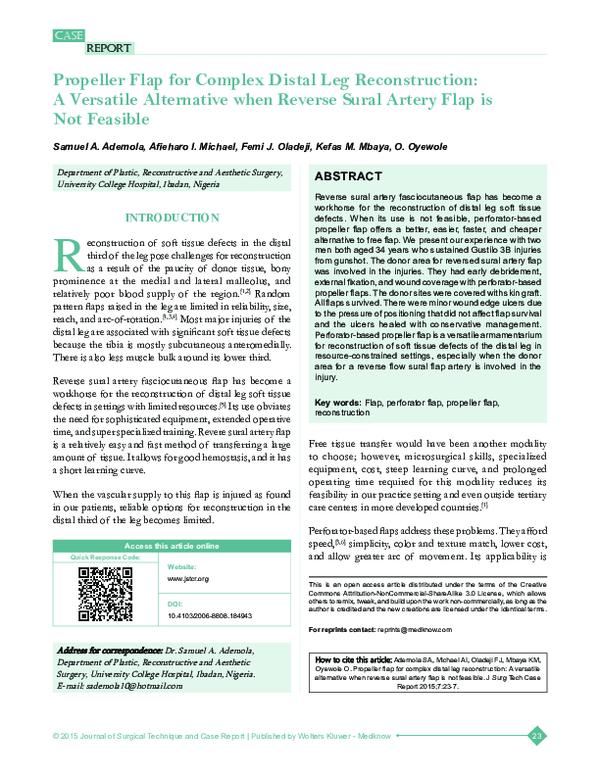 (PDF) Propeller Flap for Complex Distal Leg Reconstruction: A Versatile ...