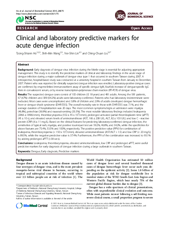 (PDF) Clinical and laboratory predictive markers for acute dengue infection