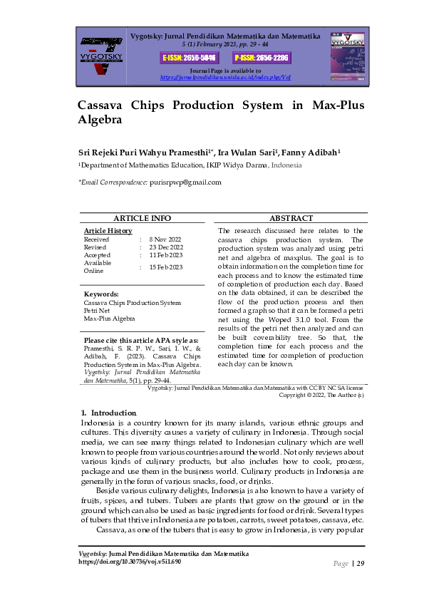 (PDF) Cassava Chips Production System in Max-Plus Algebra
