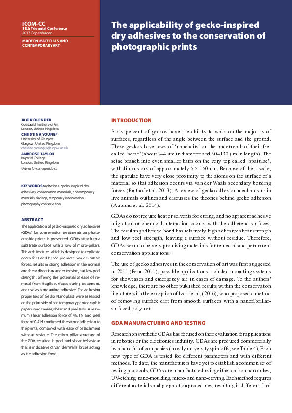 (PDF) The Applicability of Gecko Inspired Dry Adhesives In Conservation