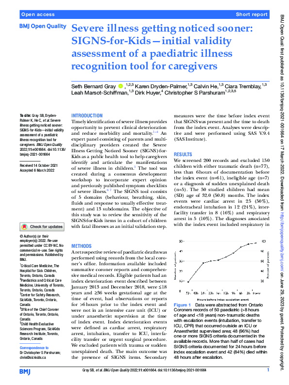 (PDF) Severe illness getting noticed sooner: SIGNS-for-Kids—initial ...