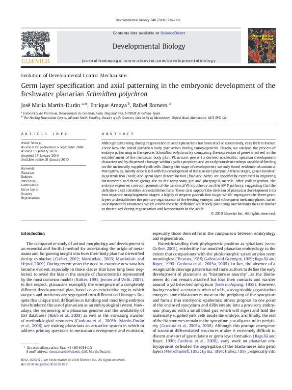 (PDF) Germ layer specification and axial patterning in the embryonic development of the ...