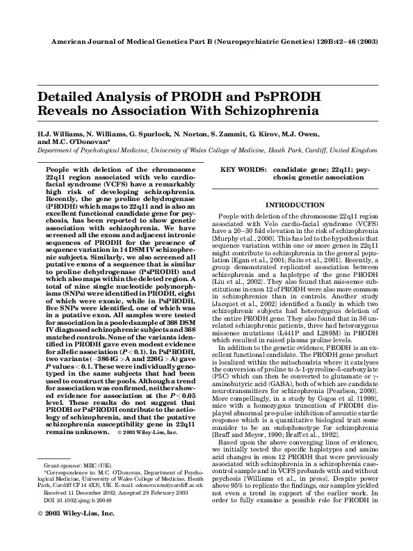 (PDF) Detailed analysis of PRODH and PsPRODH reveals no association ...