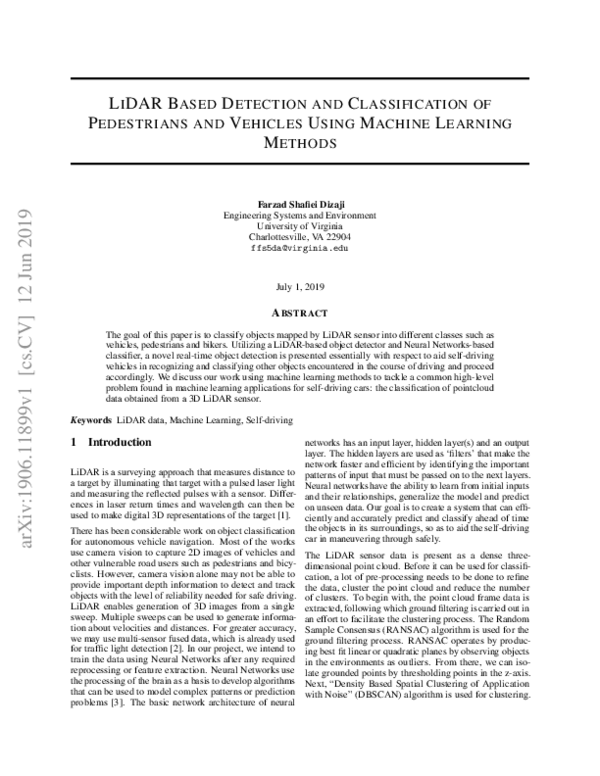 (PDF) Lidar based Detection and Classification of Pedestrians and Vehicles Using Machine ...