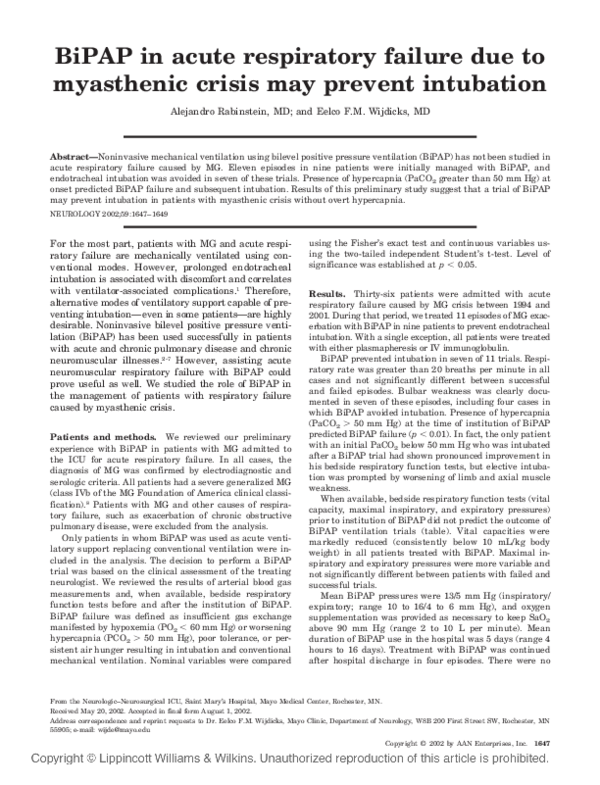 (PDF) BiPAP in acute respiratory failure due to myasthenic crisis may ...