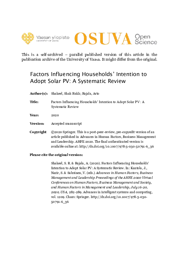 (PDF) Factors Influencing Households' Intention to Adopt Solar PV: A Systematic Review