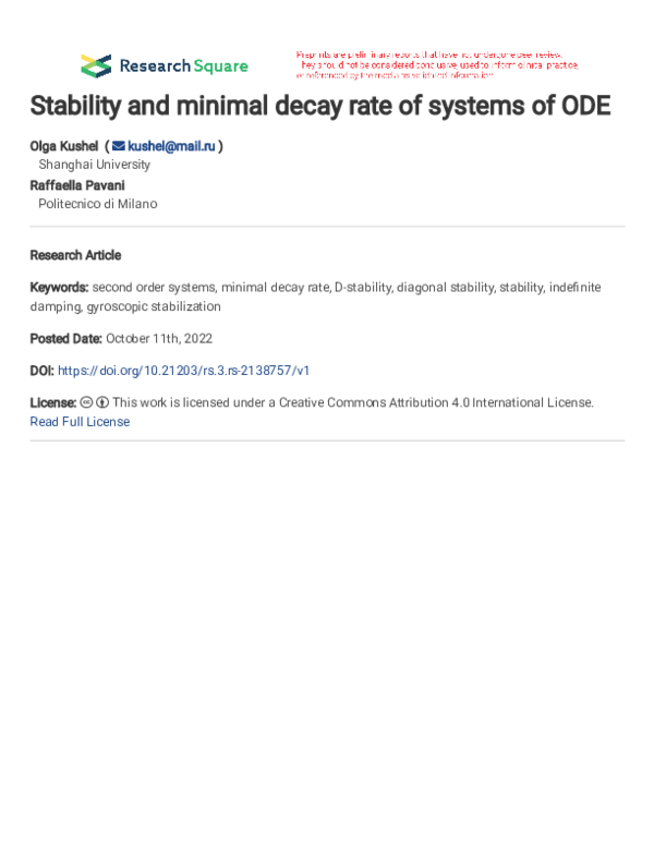 (PDF) Stability and minimal decay rate of systems of ODE