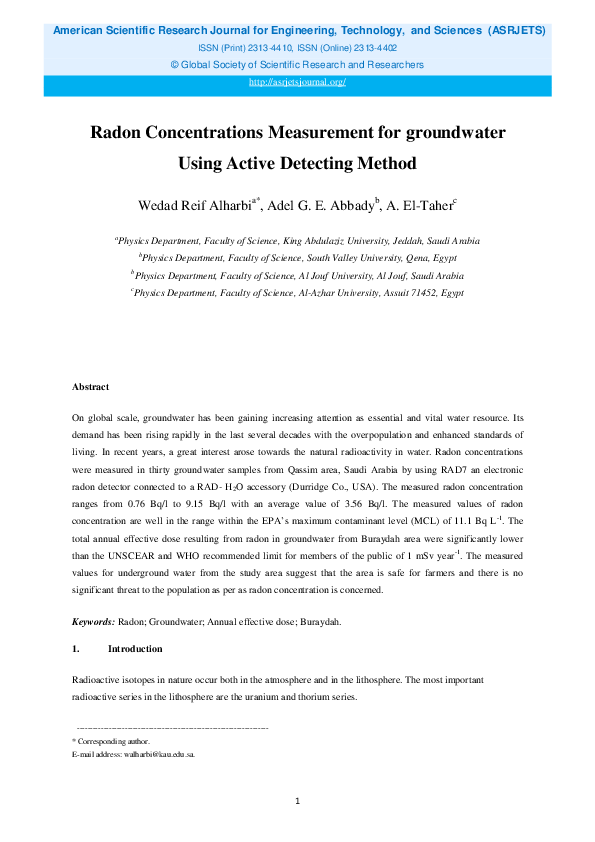 (PDF) Radon Concentrations Measurement for groundwater Using Active Detecting Method
