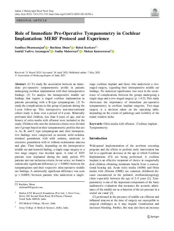(PDF) Role of Immediate Pre-Operative Tympanometry in Cochlear ...