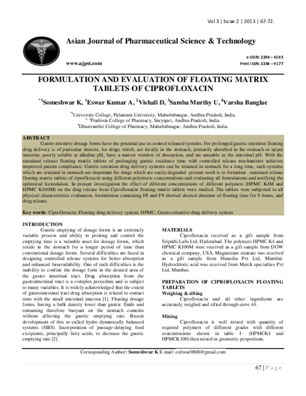 Pdf Formulation And Evaluation Of Floating Matrix Tablets Of Ciprofloxacin