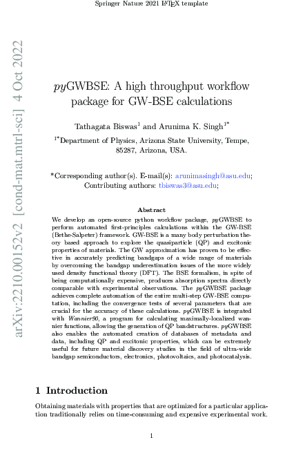 (PDF) $py$GWBSE: A high throughput workflow package for GW-BSE calculations