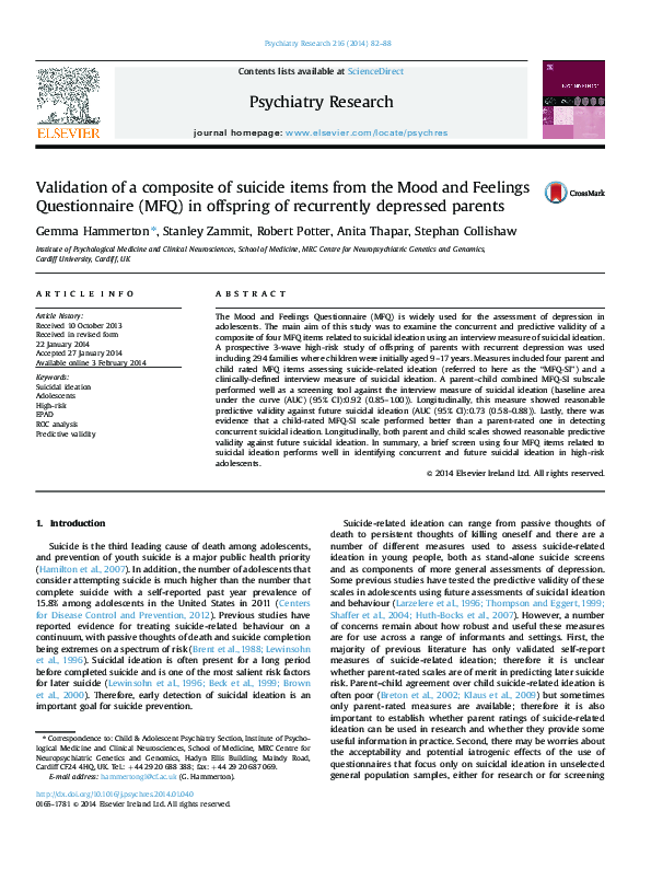 (PDF) Validation of a composite of suicide items from the Mood and ...