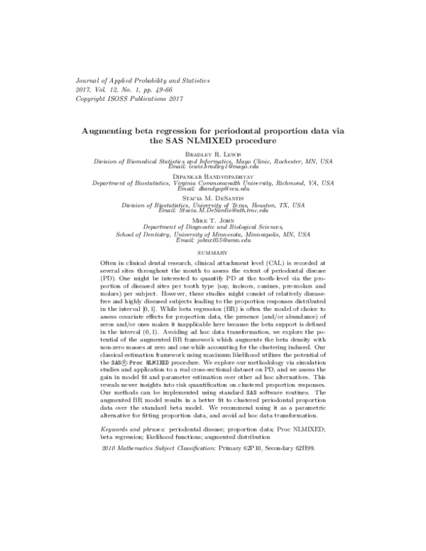 (PDF) Augmenting beta regression for periodontal proportion data via the SAS NLMIXED procedure