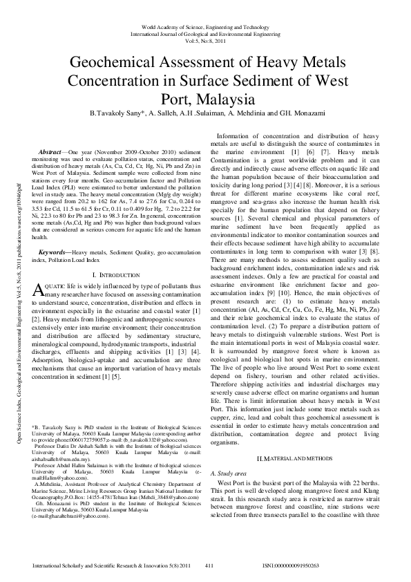 (PDF) Geochemical Assessment Of Heavy Metals Concentration In Surface Sediment Of West Port ...