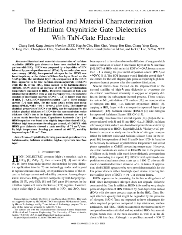 (PDF) The Electrical and Material Characterization of Hafnium Oxynitride Gate Dielectrics With ...