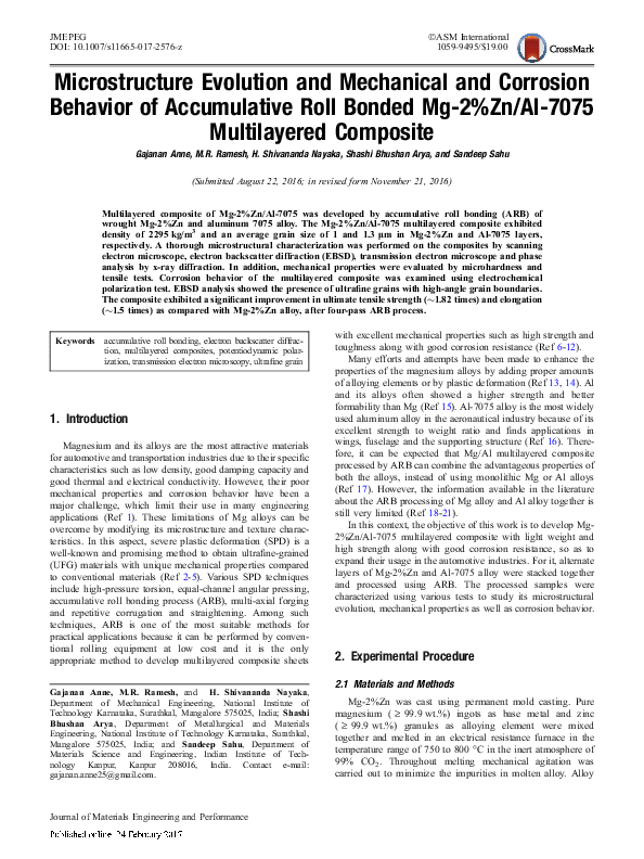(PDF) Microstructure Evolution and Mechanical and Corrosion Behavior of Accumulative Roll Bonded ...